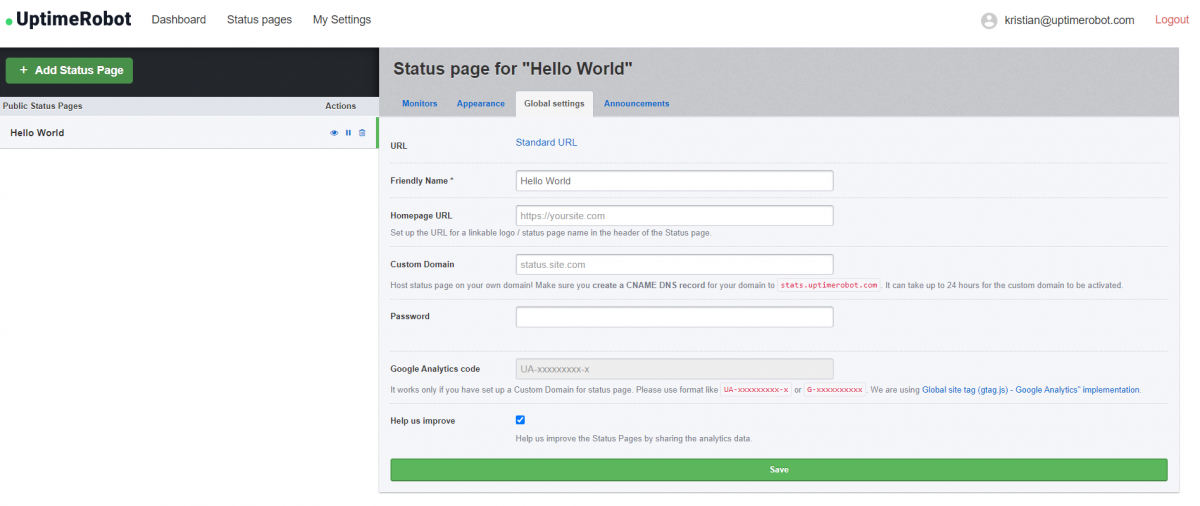 Introducing Public Status Pages 2.0! | UptimeRobot Blog