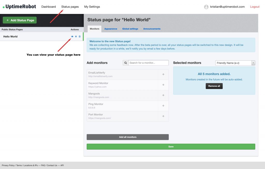 Introducing Public Status Pages 2.0! | UptimeRobot Blog