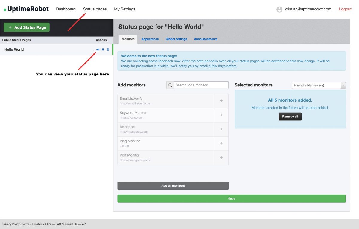 Introducing "Public Status Pages" - Yay! | UptimeRobot Blog